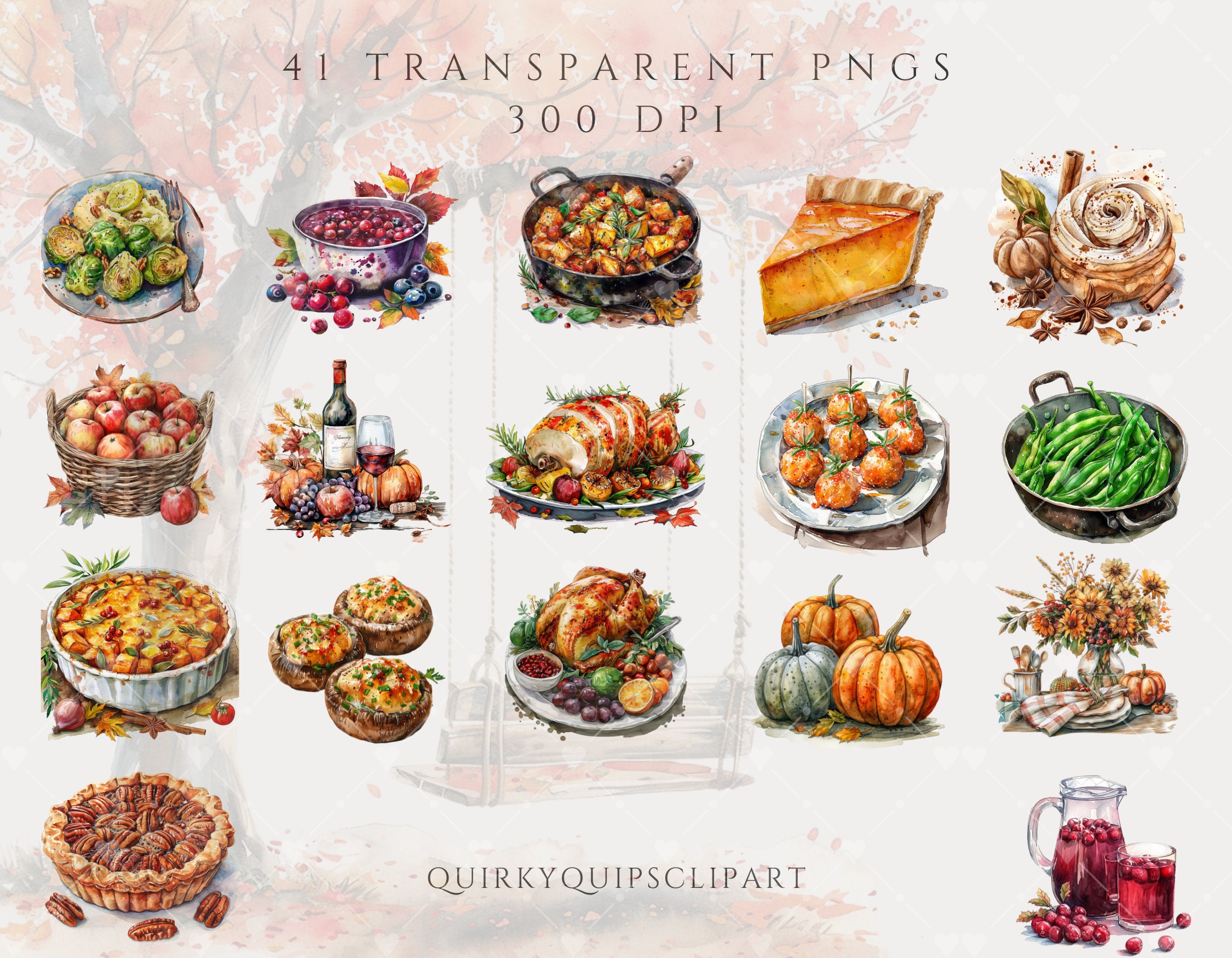 Thanksgiving Dinner Clipart Bundle, Watercolor Cozy Autumn PNG Clipart ...