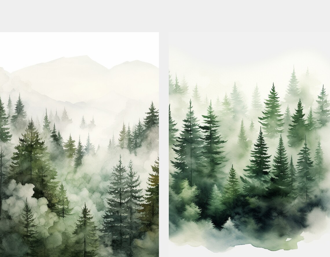 Misty Forest Landscape Watercolor Clipart, Pine Trees, Digital Papers ...
