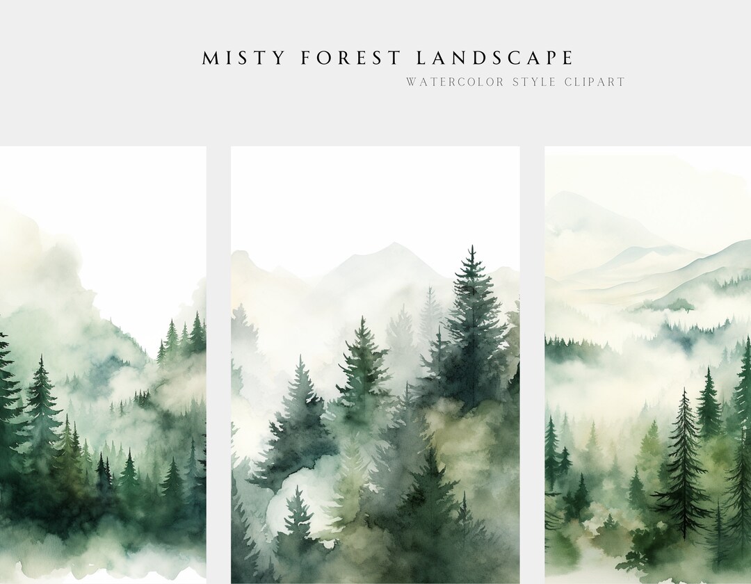 Misty Forest Landscape Watercolor Clipart, Pine Trees, Digital Papers ...