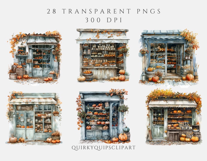 Autumn Storefronts Clipart Bundle, Watercolor PNG Fall Shop Images ...