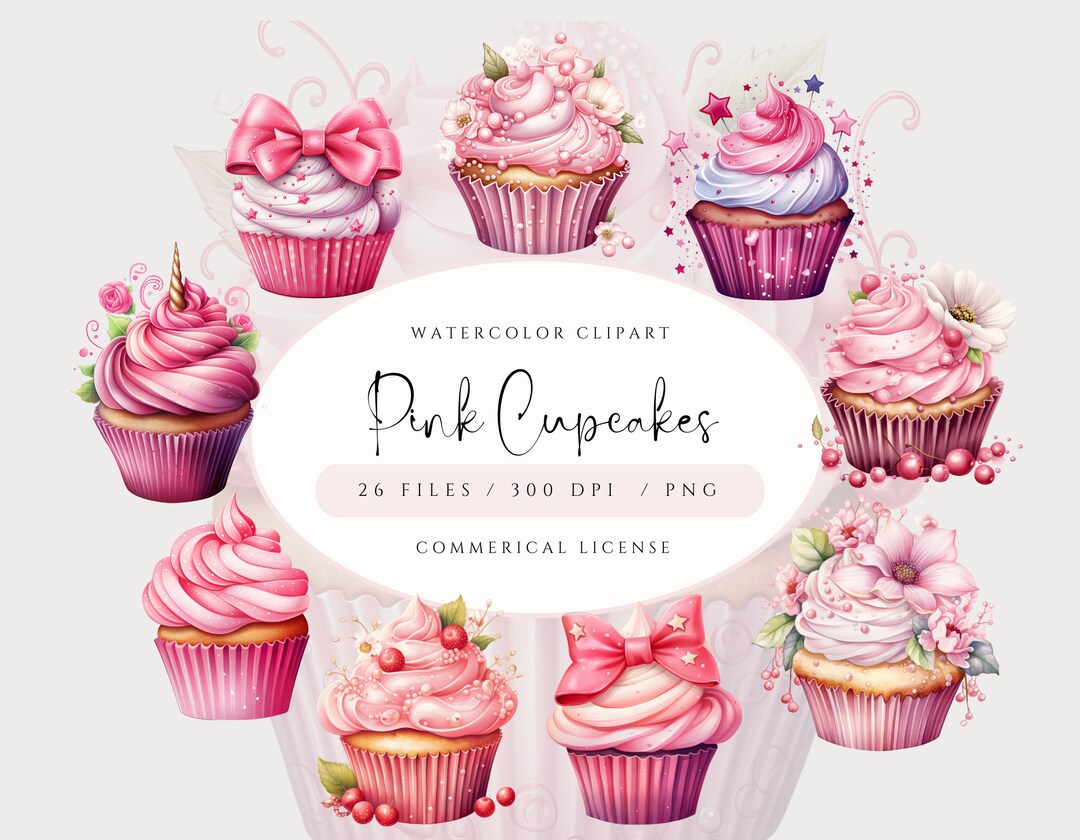 Pink Cupcakes Clipart Bundle, Watercolor High Quality PNG Bundle ...