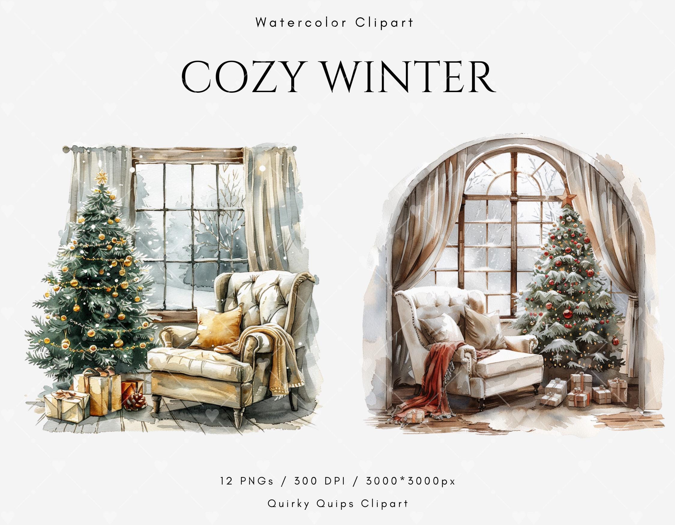 Cozy Winter Indoor Scene Clipart Bundle, Christmas PNG Graphics, Warm ...