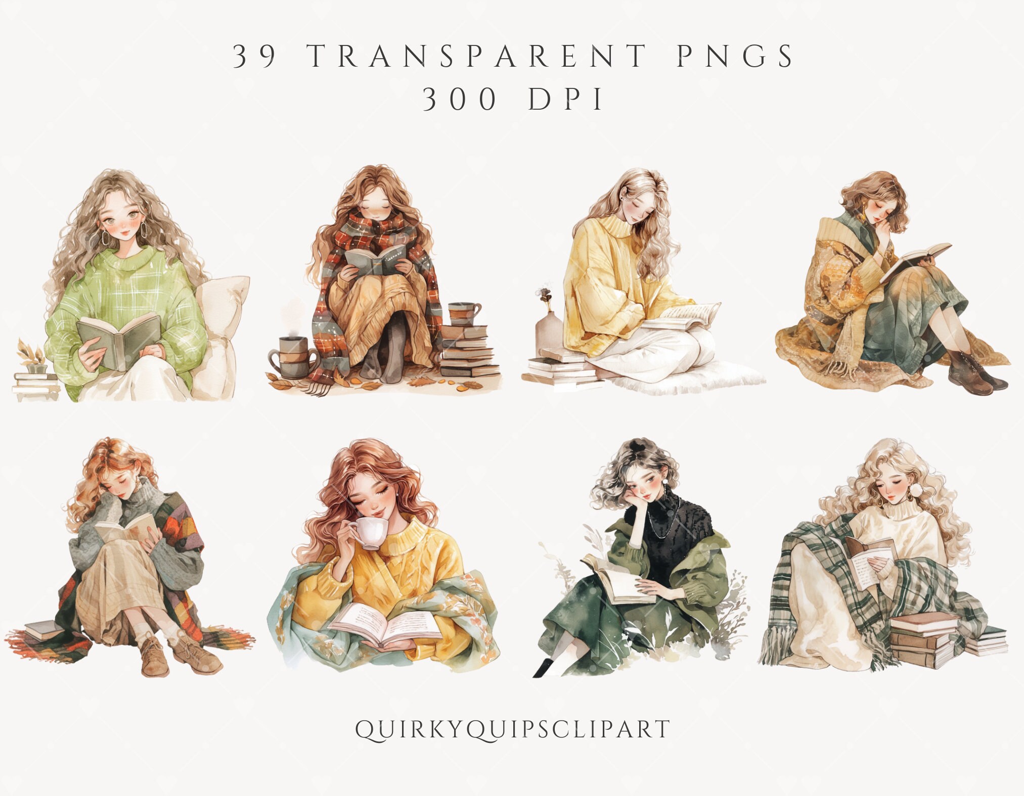 Bookworm Girls, Watercolor Clipart Bundle, Transparent PNG, Girl ...