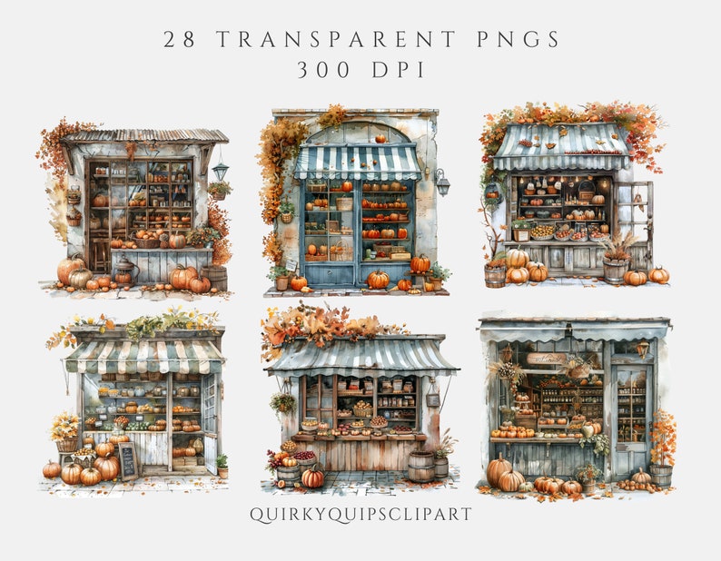 Autumn Storefronts Clipart Bundle, Watercolor PNG Fall Shop Images ...