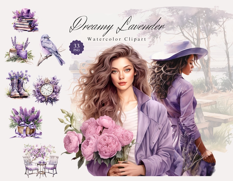 Dreamy Lavender Clipart Bundle, Watercolor PNGS, Romantic Cottagecore ...