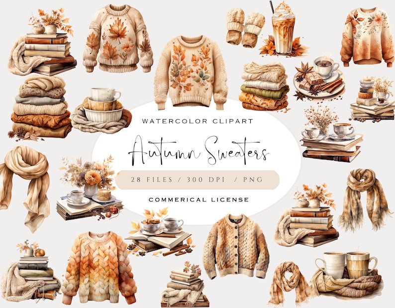 Autumn Sweaters Clipart Bundle, Watercolor Cozy Autumn Clipart, Fall ...