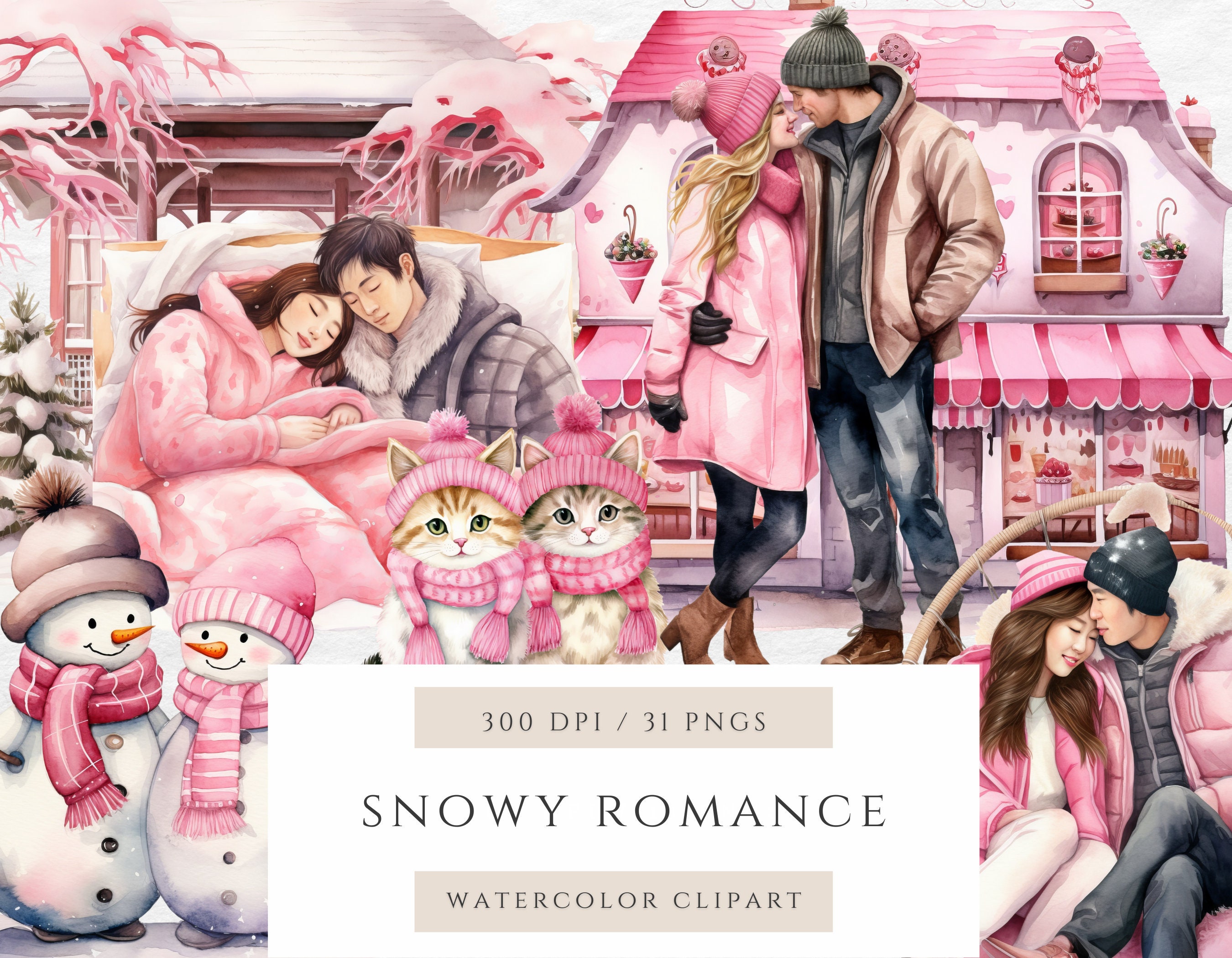 Snowy Romance Watercolor Clipart Image, Romantic Winter Graphics, Cute ...