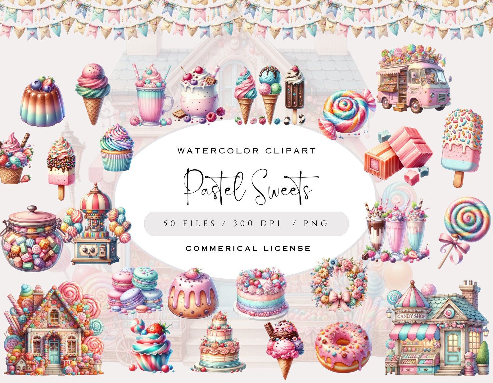 Pastel Sweets Clipart Bundle, Watercolor Candyland Clipart, Candy ...