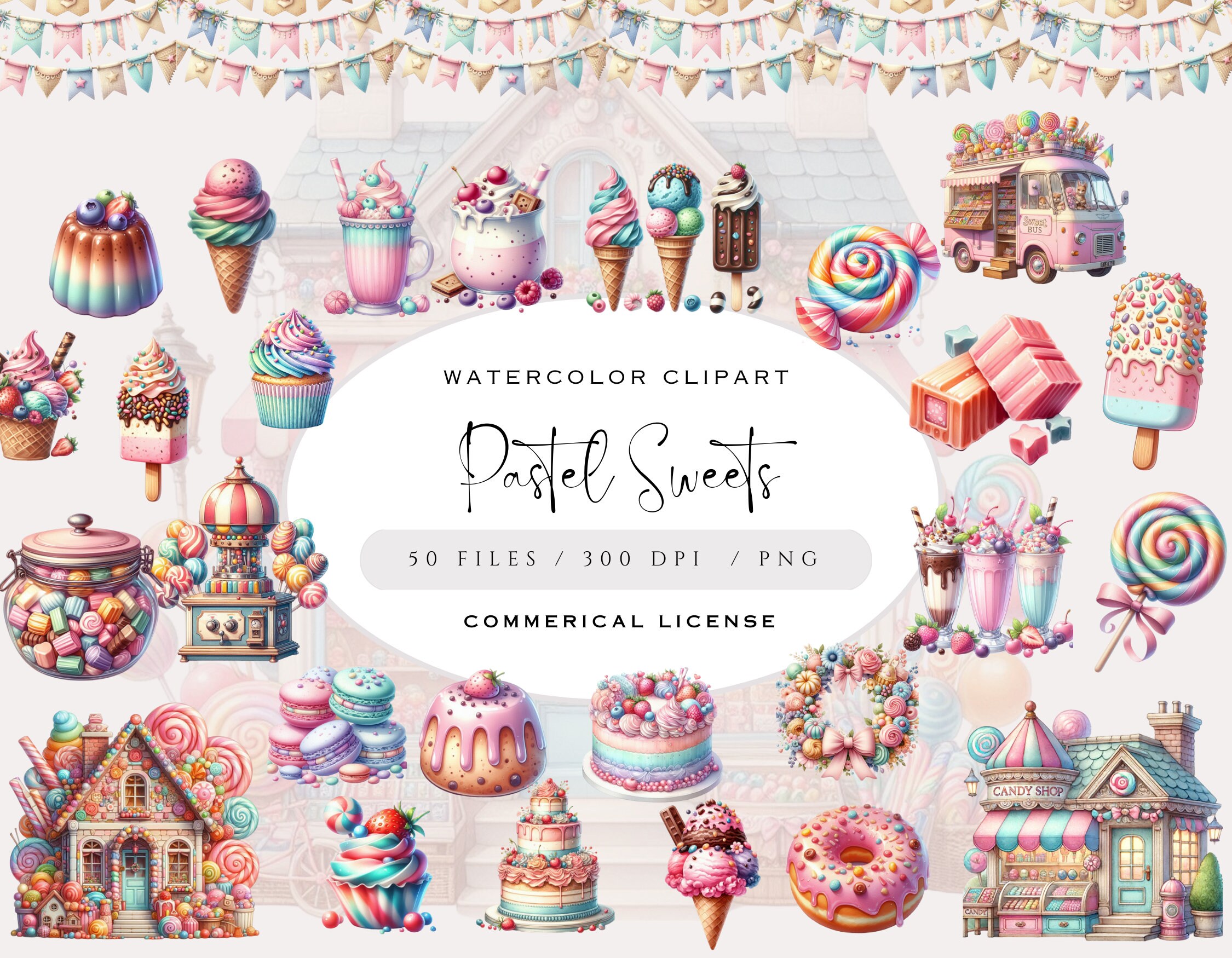 Pastel Sweets Clipart Bundle, Watercolor Candyland Clipart, Candy ...