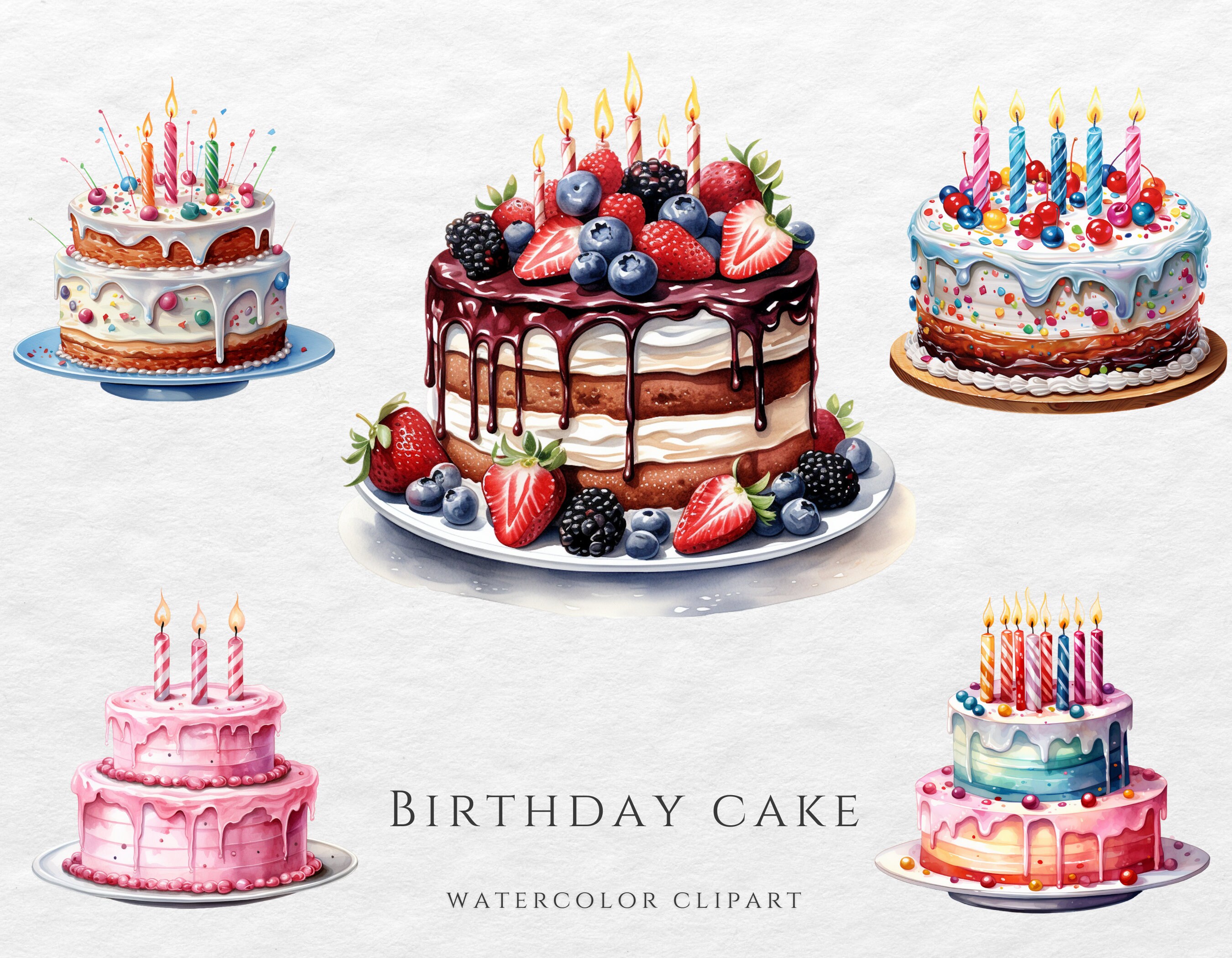 Happy Birthday Cakes Watercolor Clipart, Highquality Pngs, Dessert ...