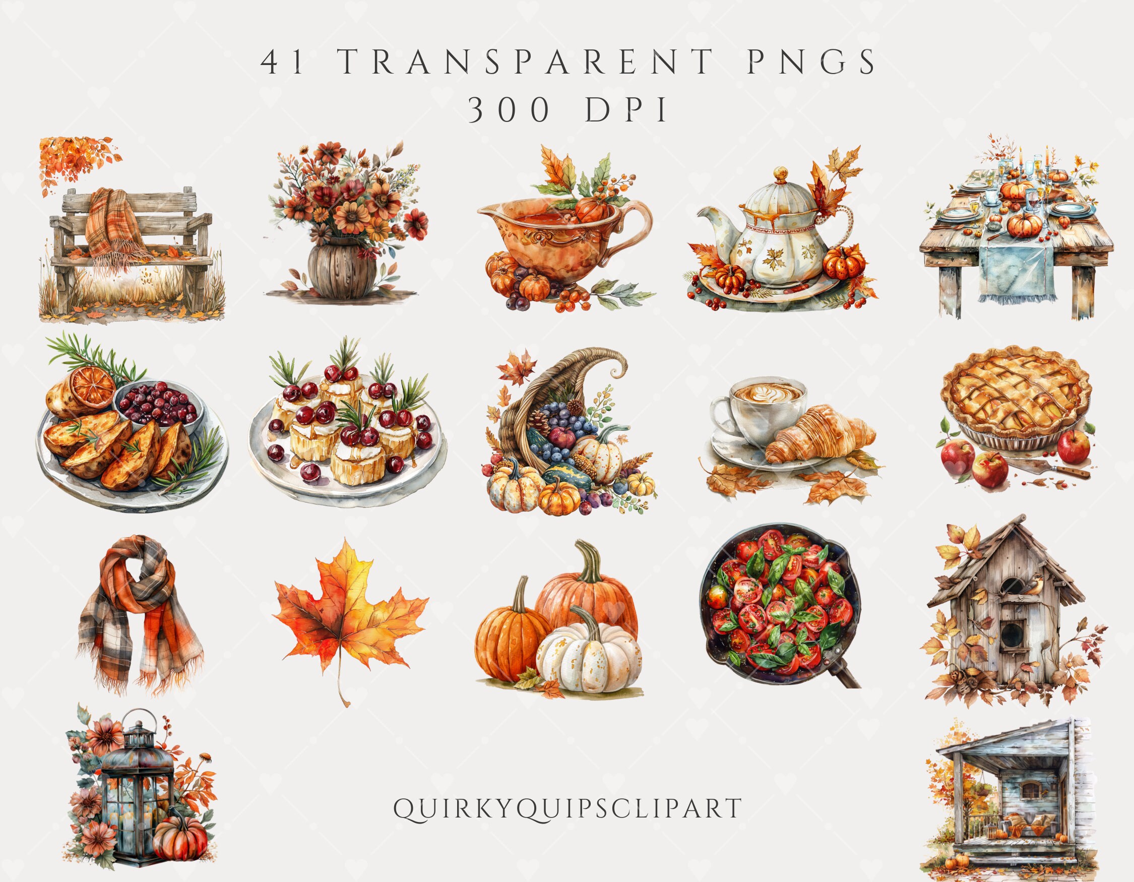 Thanksgiving Dinner Clipart Bundle, Watercolor Cozy Autumn PNG Clipart ...