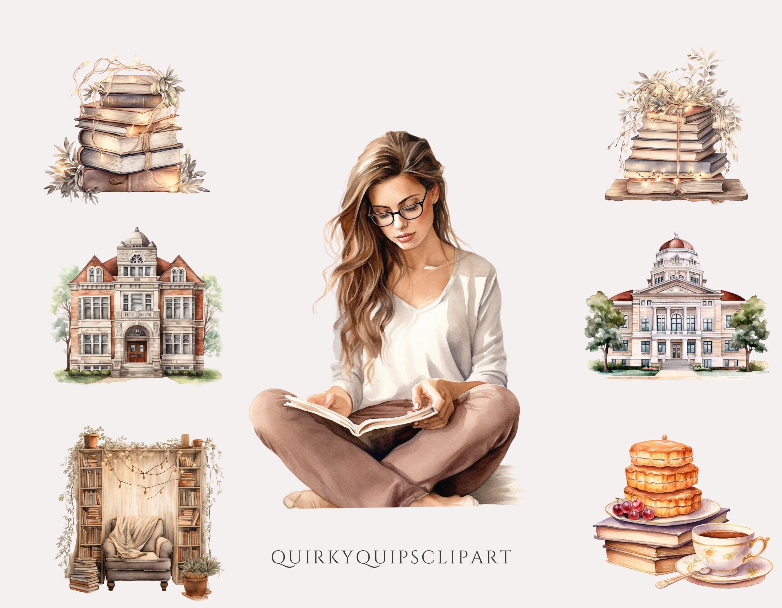 Book Lover Clipart Bundle, Watercolor Pngs, Pretty Girl Clip Art ...