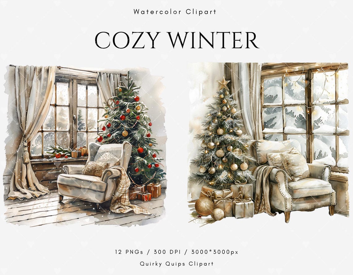 Cozy Winter Indoor Scene Clipart Bundle, Christmas PNG Graphics, Warm ...