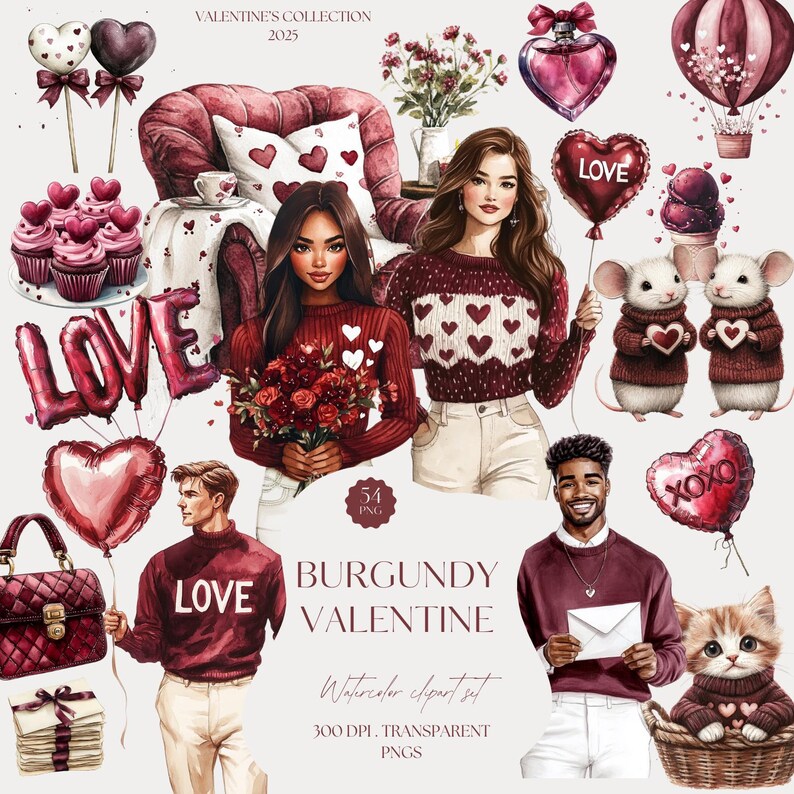 Burgundy Valentine Watercolor Clipart, Romantic Day Png Graphics, Love ...