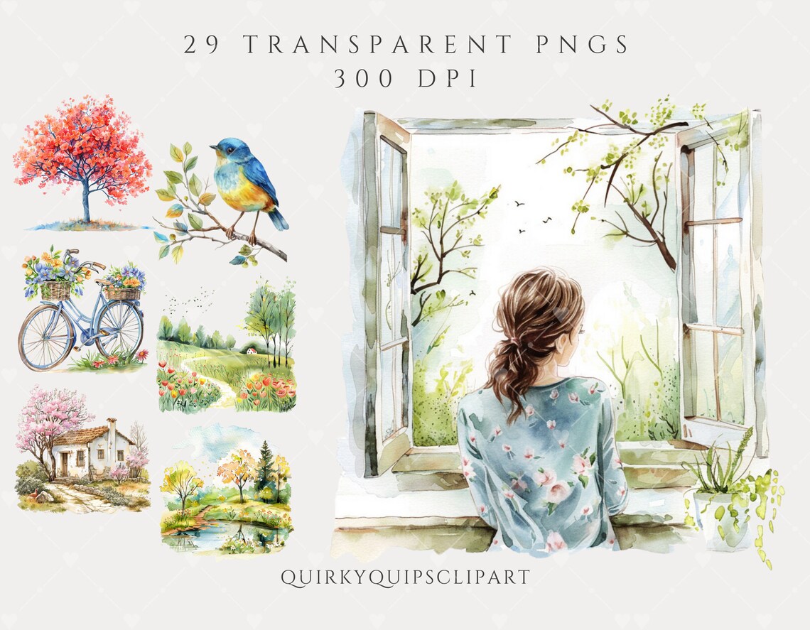 Spring is Here Clipart Bundle, Watercolor Pngs, Spring Sceneries ...