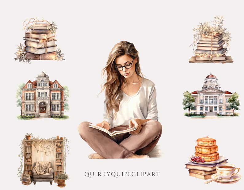 Book Lover Clipart Bundle, Watercolor Pngs, Pretty Girl Clip Art ...