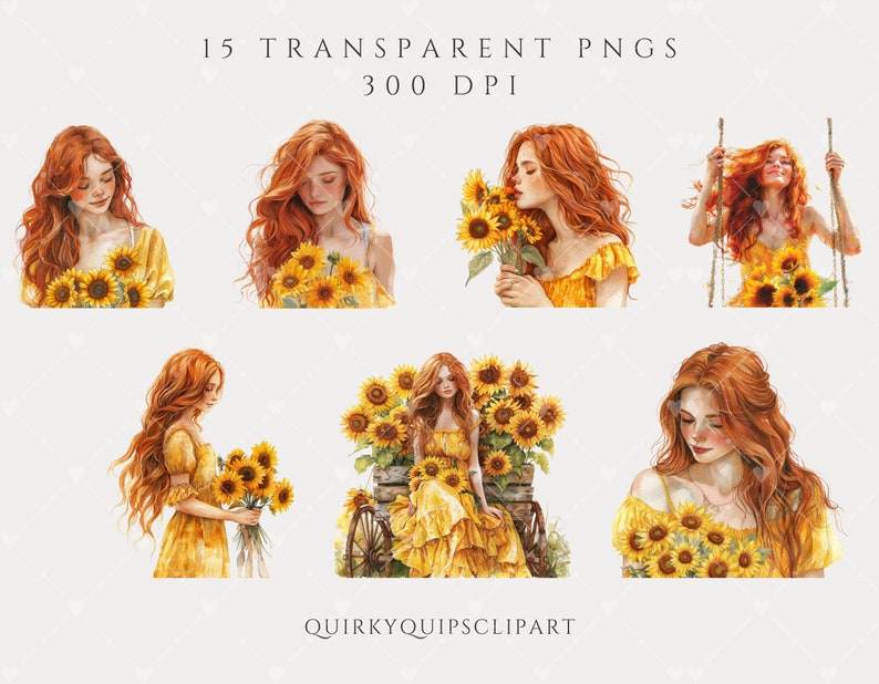 Red Hair Girl & Sunflowers Clipart Bundle, Watercolor Pretty Woman ...