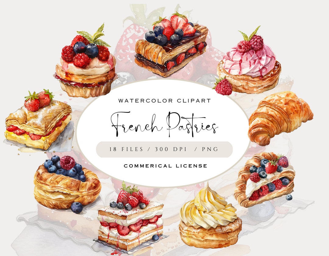 French Pastries Clipart Bundle, Watercolor High Quality Pngs, Gourmet ...