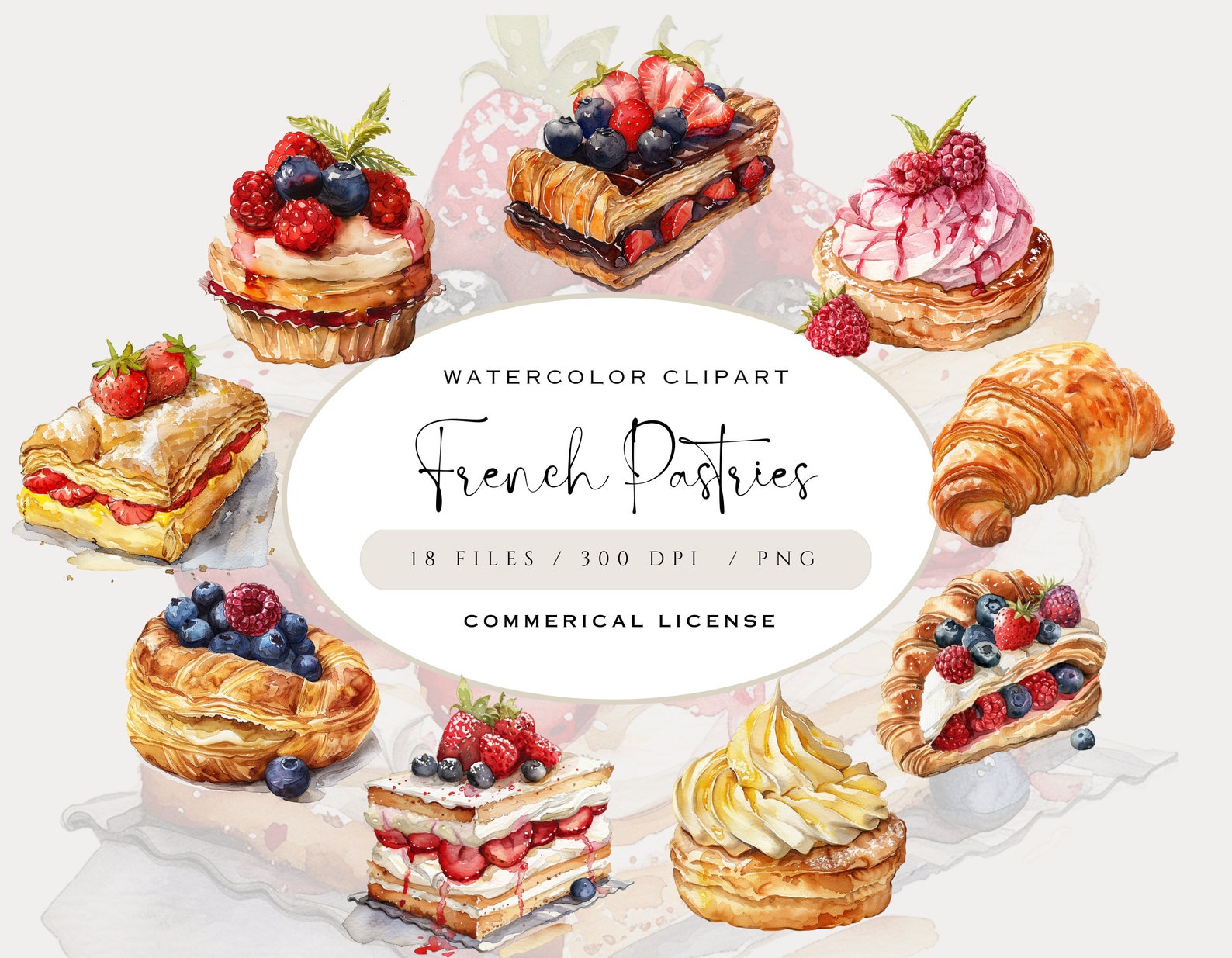French Pastries Clipart Bundle, Watercolor High Quality Pngs, Gourmet ...
