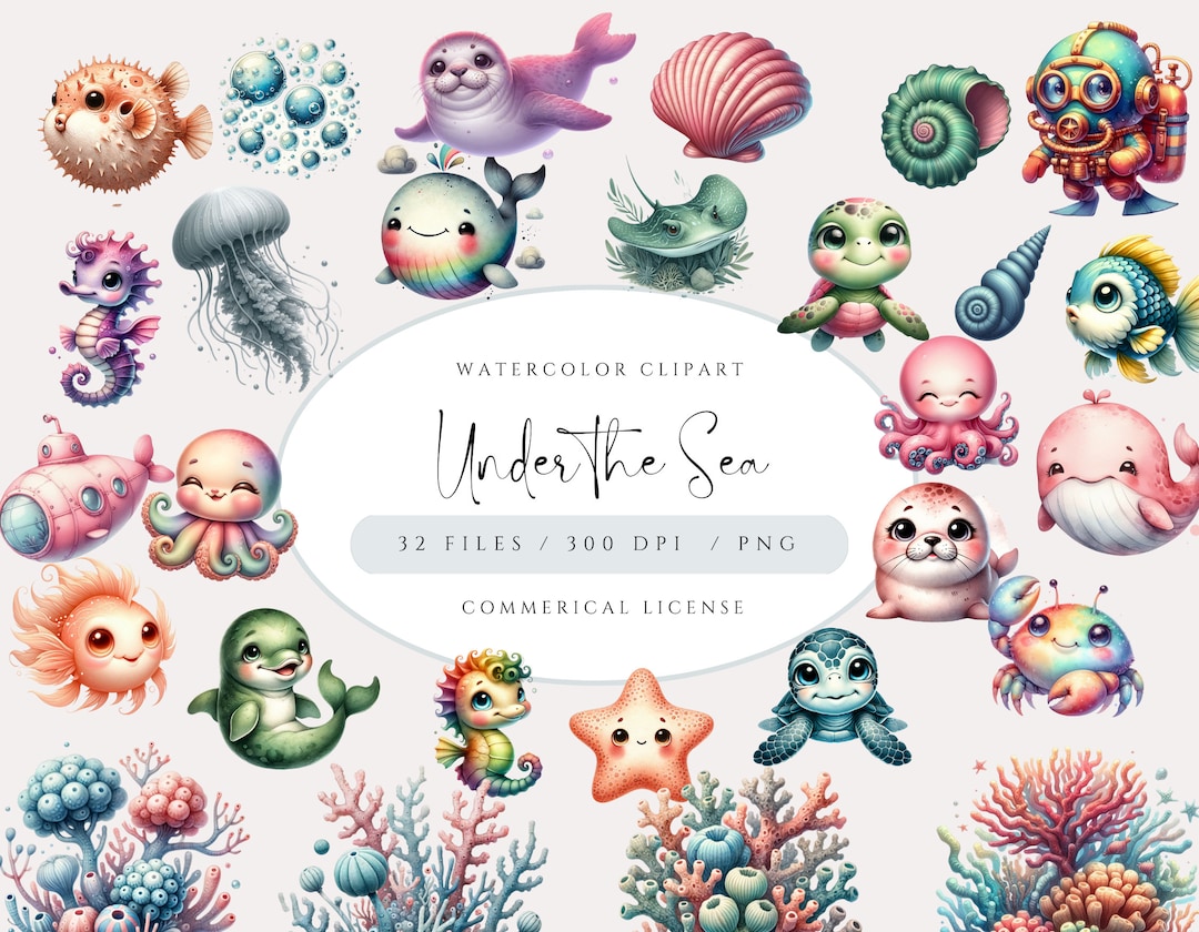 Undersea Watercolor Clipart Bundle, Cute Ocean Animals PNG, Baby Shower ...