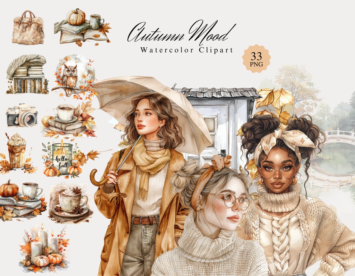 Autumn Mood Clipart Bundle, Watercolor Cozy Autumn Clipart, Fall Png ...