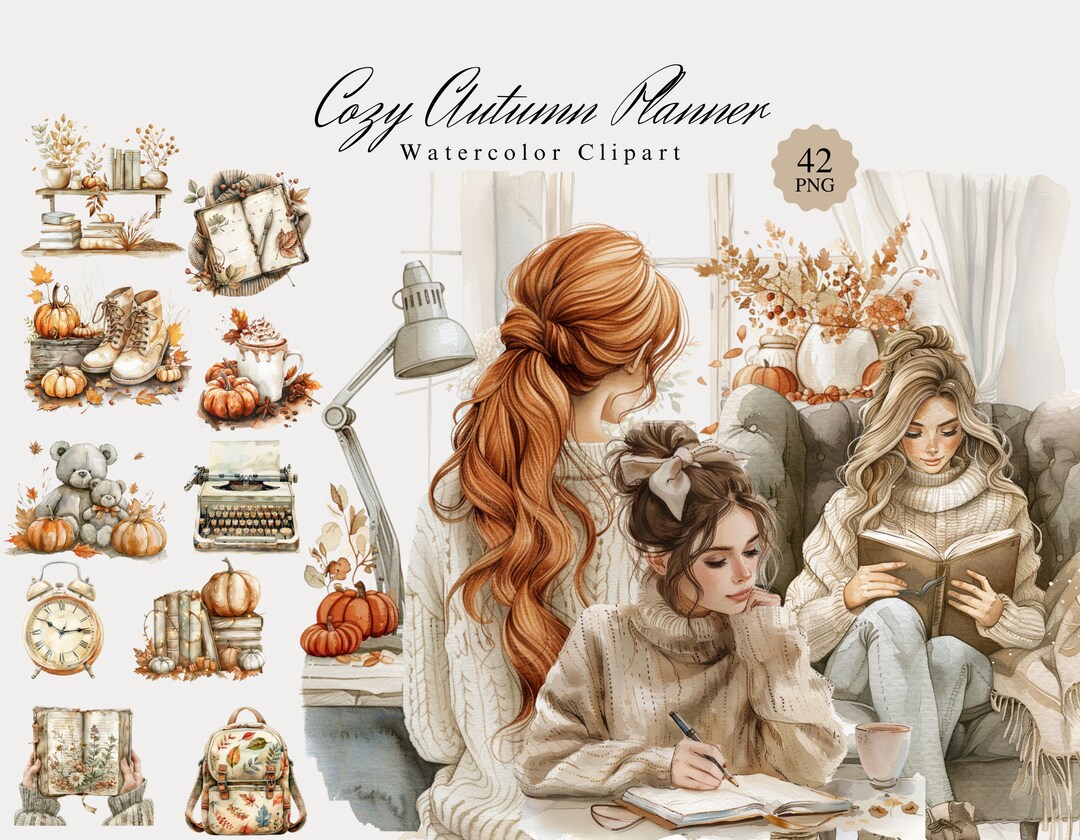 Cozy Autumn Planner Clipart Bundle, Watercolor Cozy Autumn Clipart ...
