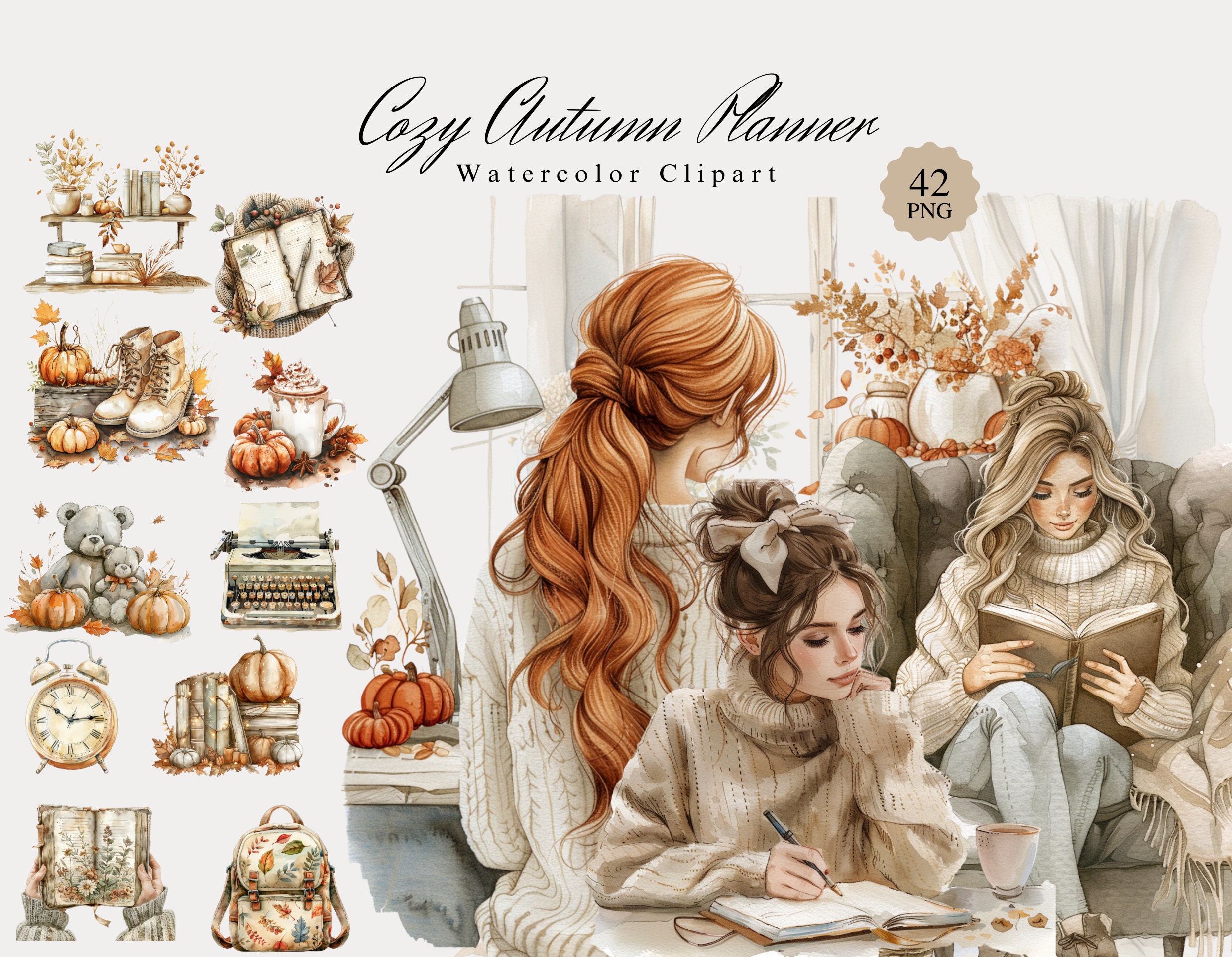 Cozy Autumn Planner Clipart Bundle, Watercolor Cozy Autumn Clipart ...