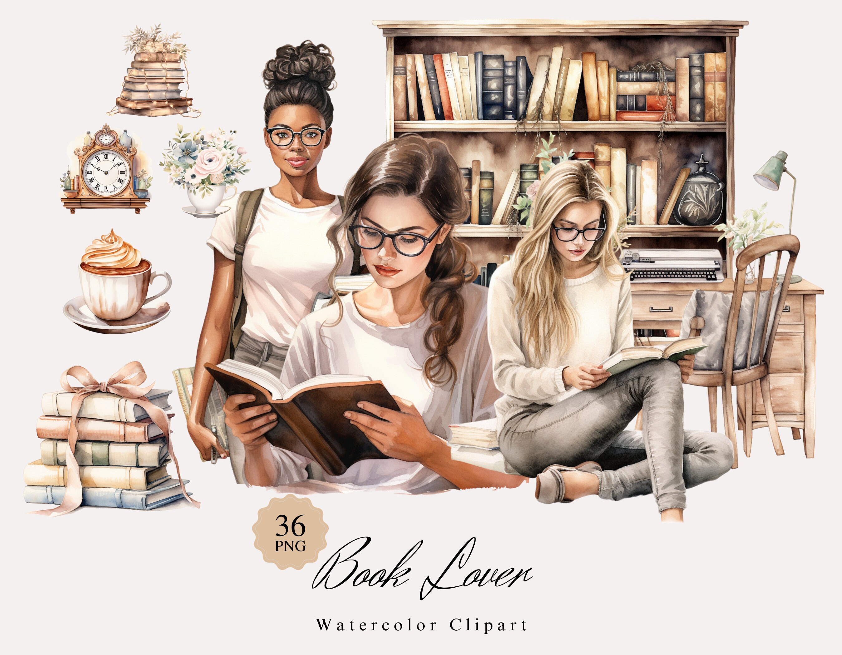 Book Lover Clipart Bundle, Watercolor Pngs, Pretty Girl Clip Art ...