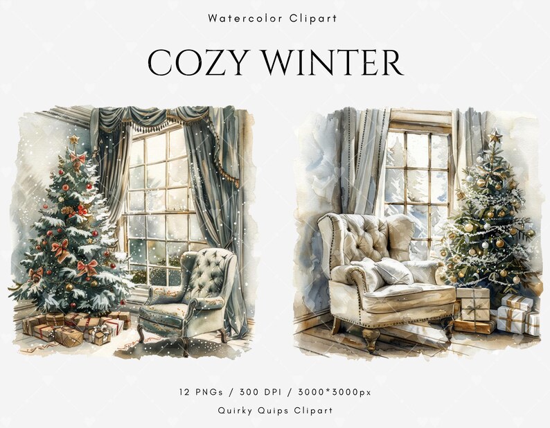 Cozy Winter Indoor Scene Clipart Bundle, Christmas PNG Graphics, Warm ...
