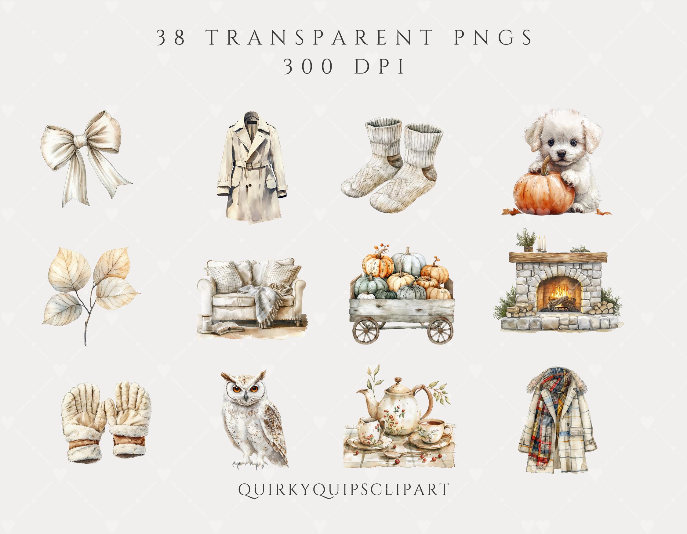 Ivory Autumn Clipart Bundle, Watercolor Cozy Autumn, Cottagecore Pngs ...