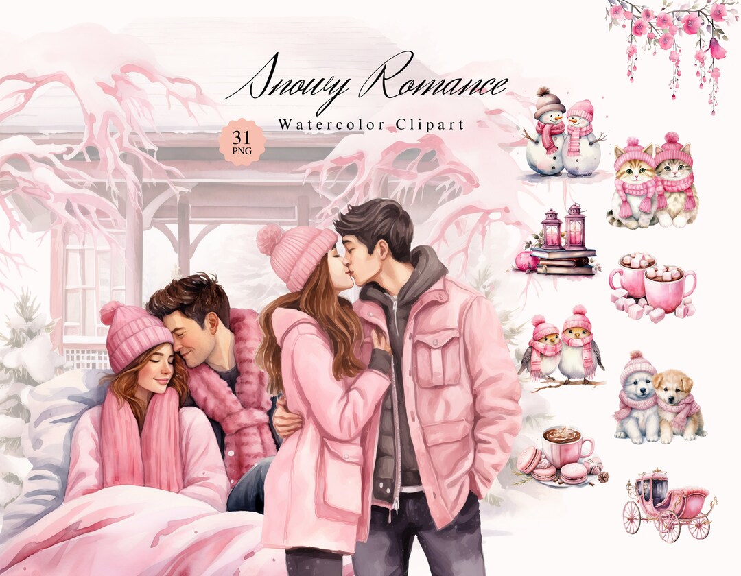 Snowy Romance Watercolor Clipart Image, Romantic Winter Graphics, Cute ...