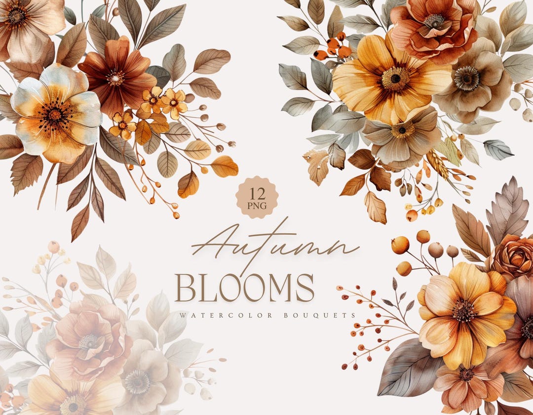 Autumn Blooms - Boho Bouquets - Bohemian Flowers - Watercolor Clipart ...