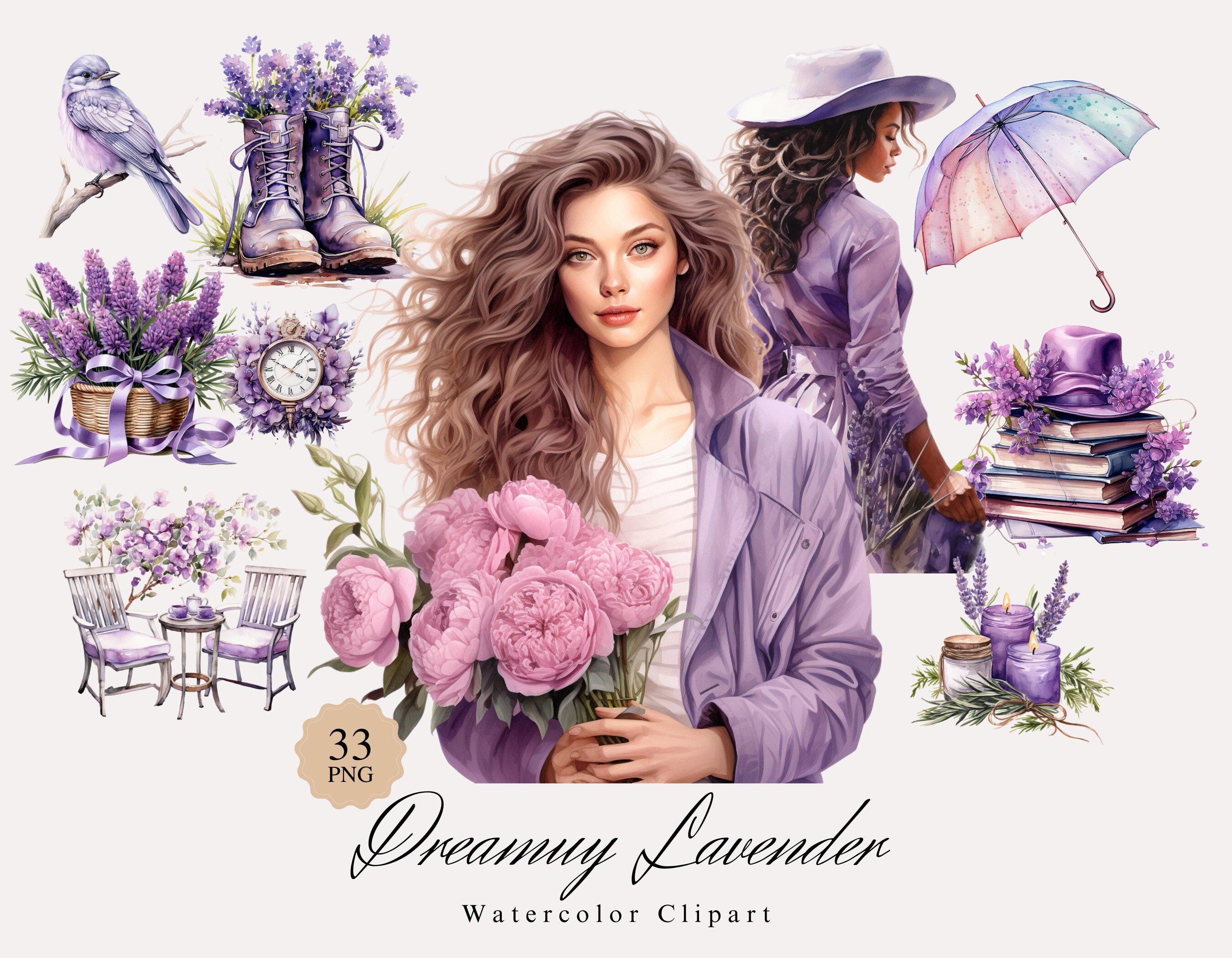 Dreamy Lavender Clipart Bundle, Watercolor PNGS, Romantic Cottagecore ...