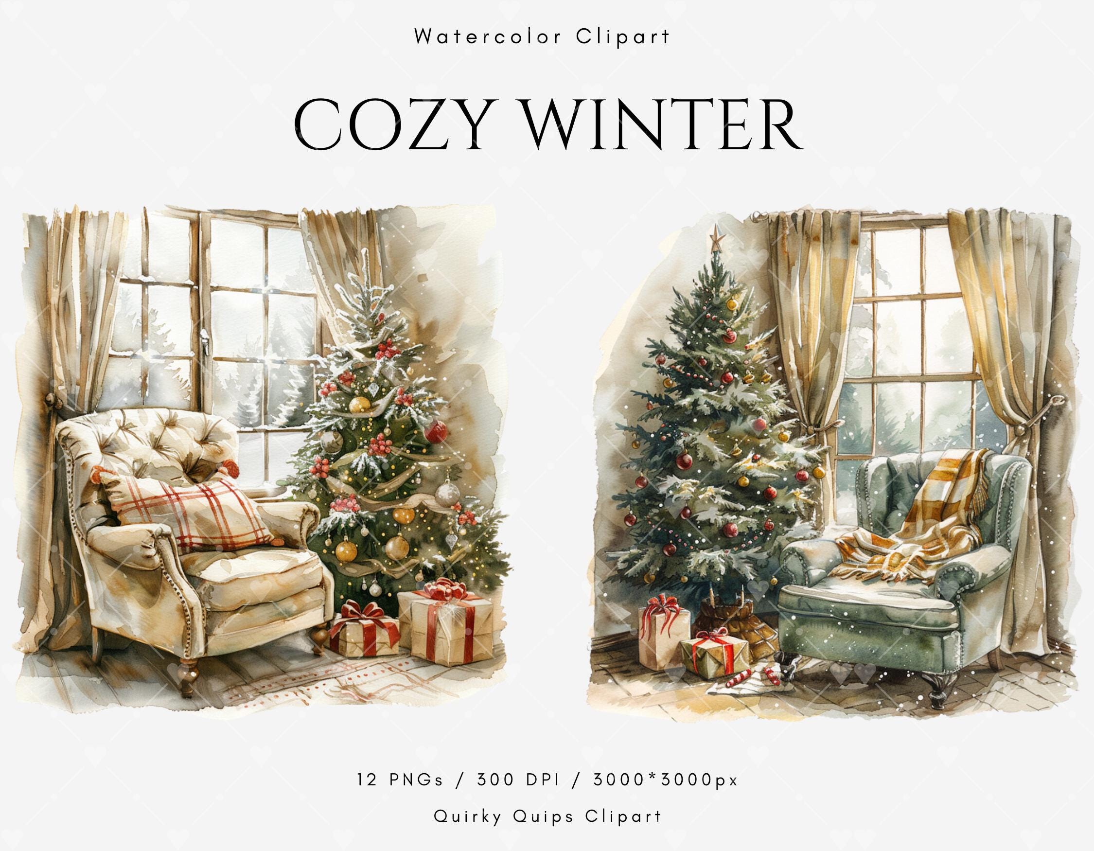 Cozy Winter Indoor Scene Clipart Bundle, Christmas PNG Graphics, Warm ...