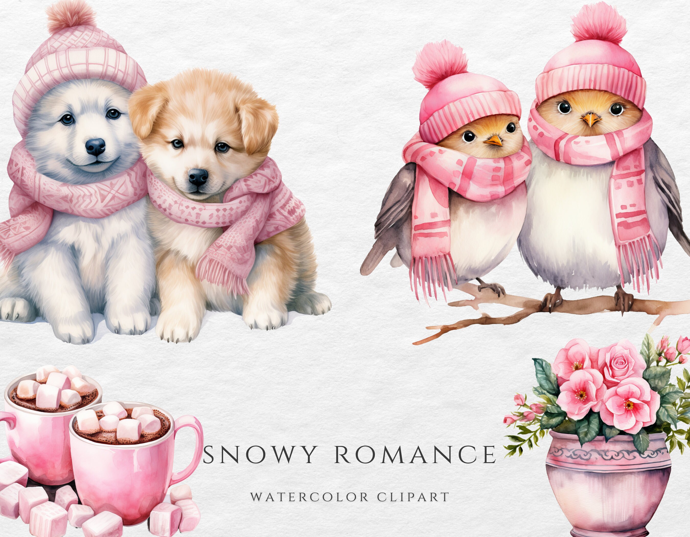 Snowy Romance Watercolor Clipart Image, Romantic Winter Graphics, Cute ...