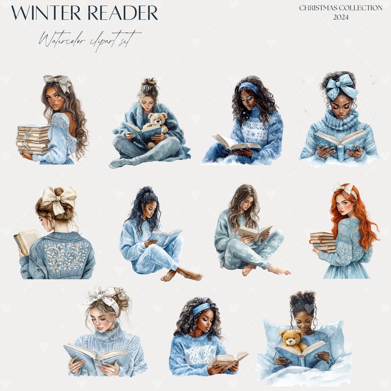 Winter Reader Watercolor Clipart, Pretty Book Lover, Winter Clip Art ...