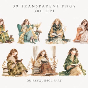 Bookworm Girls, Watercolor Clipart Bundle, Transparent PNG, Girl ...