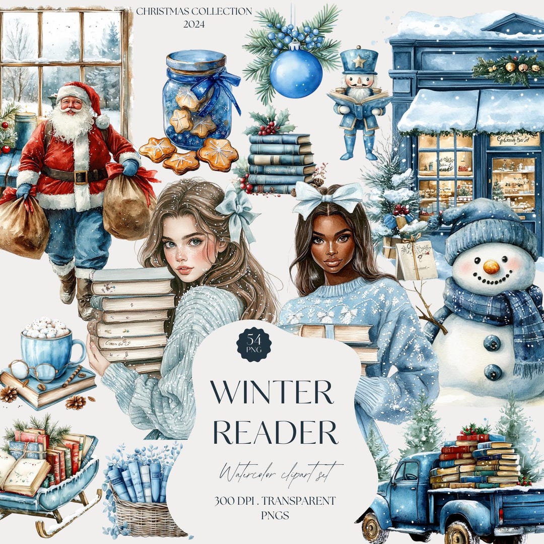 Winter Reader Watercolor Clipart, Pretty Book Lover, Winter Clip Art ...