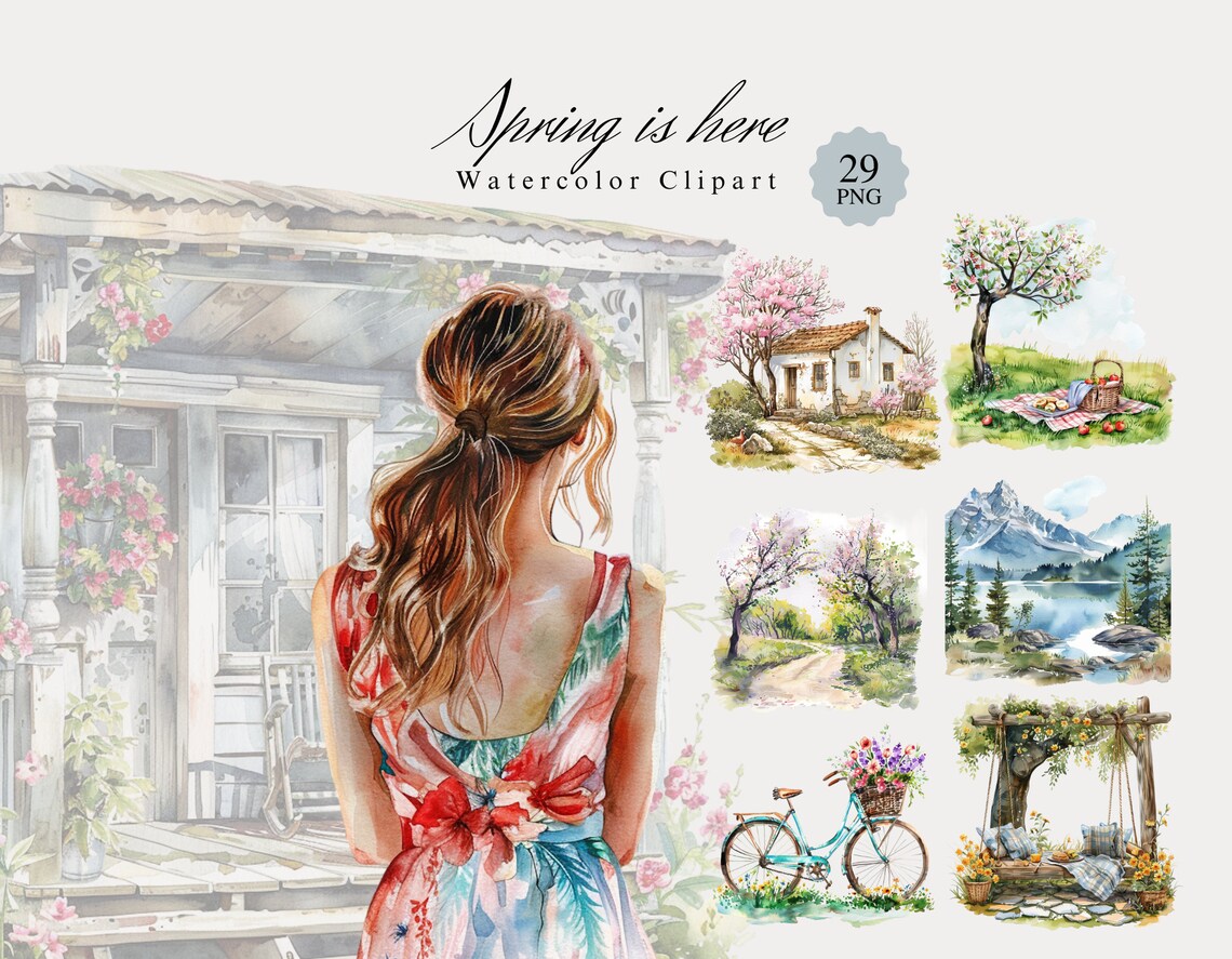 Spring is Here Clipart Bundle, Watercolor Pngs, Spring Sceneries ...