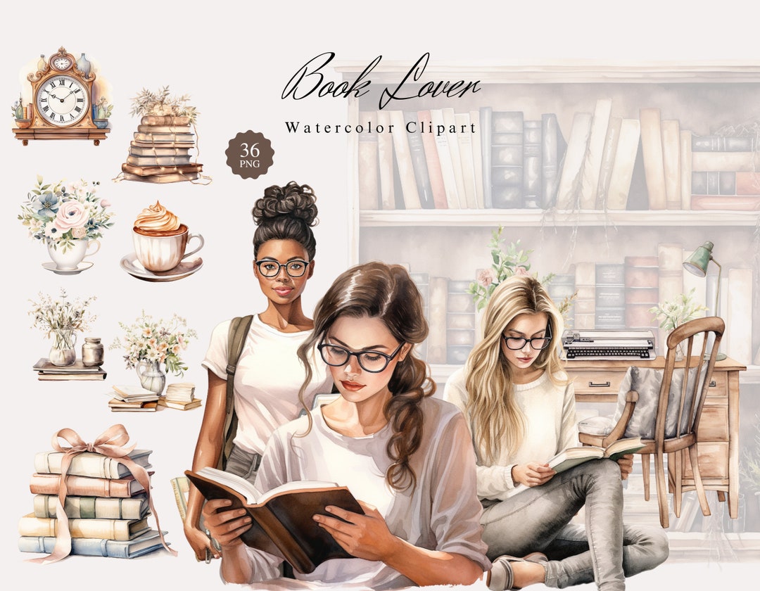Book Lover Clipart Bundle, Watercolor Pngs, Pretty Girl Clip Art ...