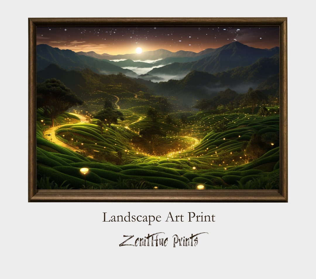 Enchanted Twilight Tea Fields Wall Art, Fantasy Landscape Poster ...