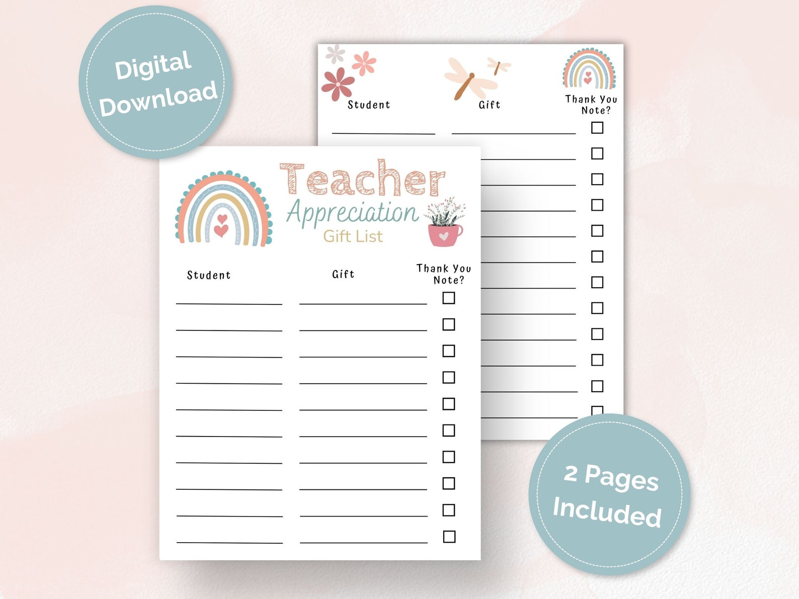 Teacher Appreciation Gift Tracker, Printable Gift List, Thank You Note ...