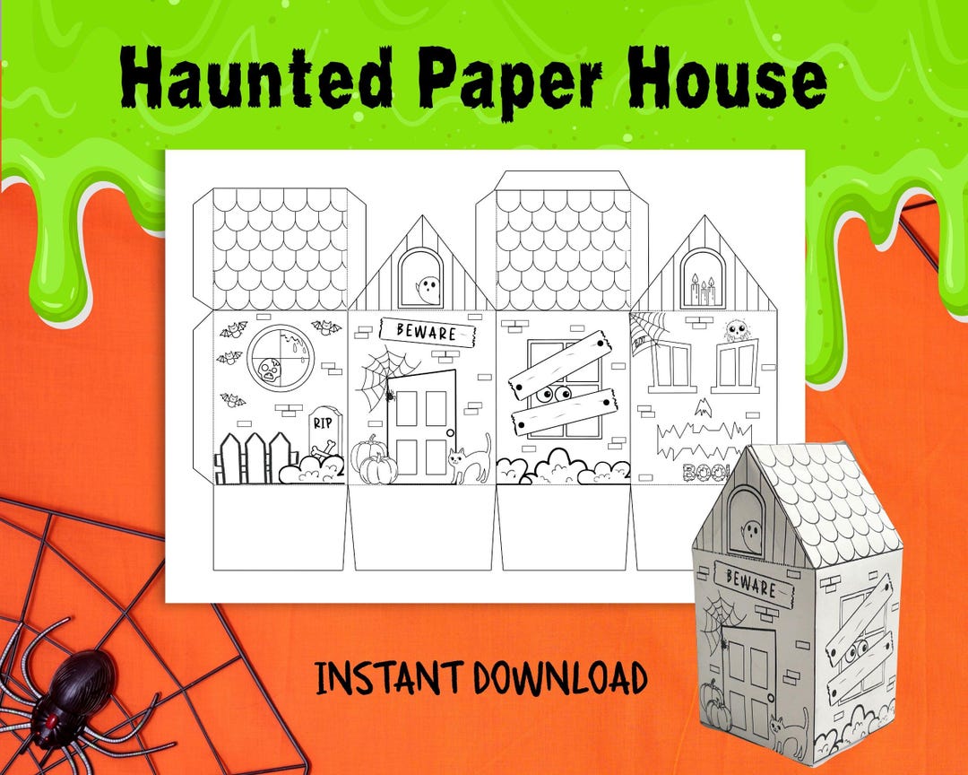 Haunted House Paper Craft, Printable Halloween Coloring Activity for ...