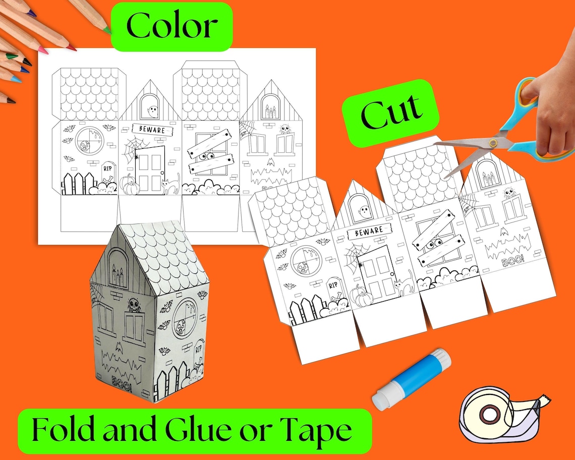 Haunted House Paper Craft, Printable Halloween Coloring Activity for ...