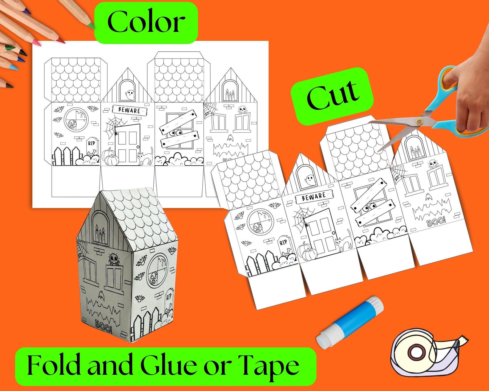 Haunted House Paper Craft, Printable Halloween Coloring Activity for ...