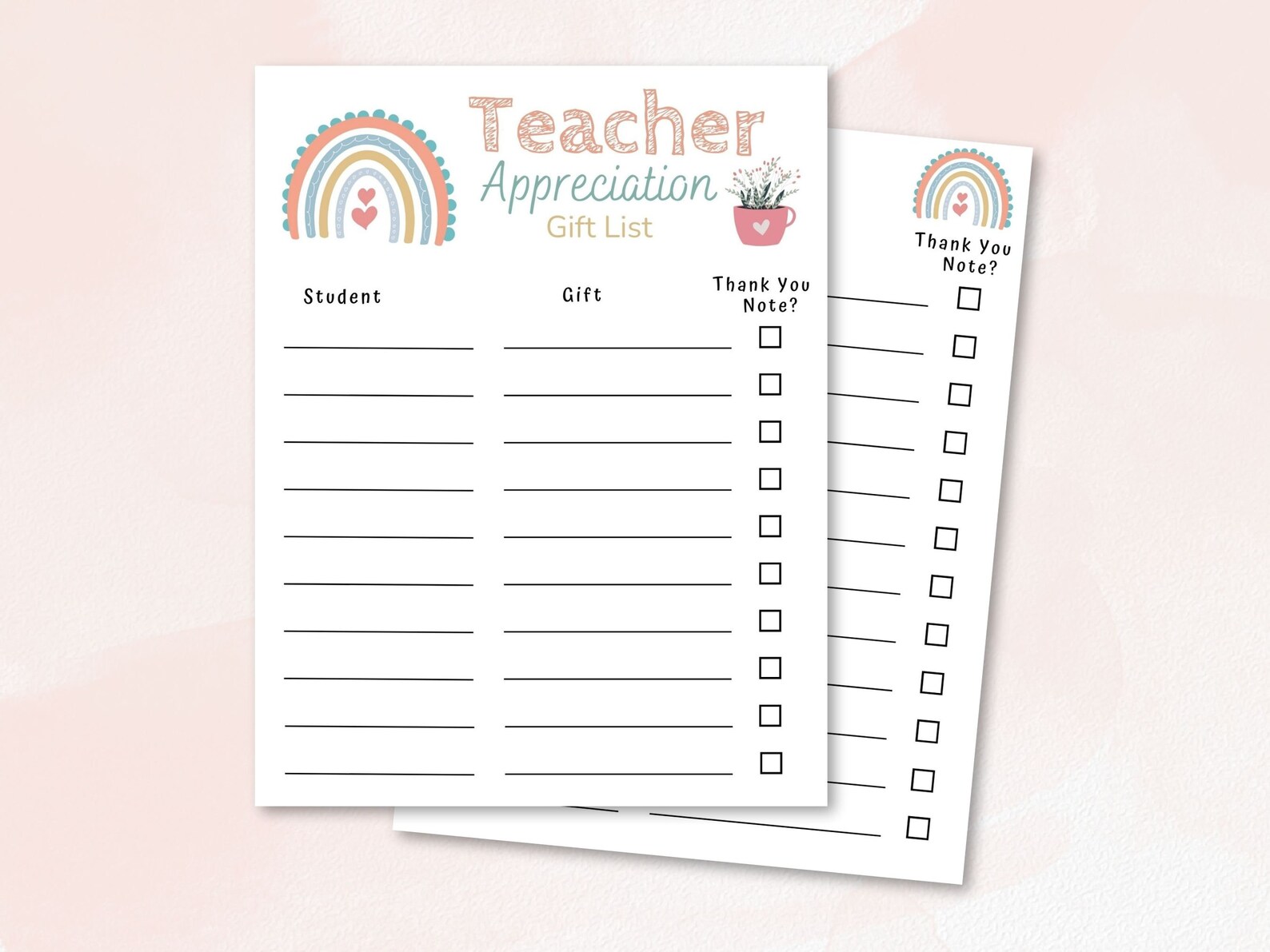 Teacher Appreciation Gift Tracker, Printable Gift List, Thank You Note ...