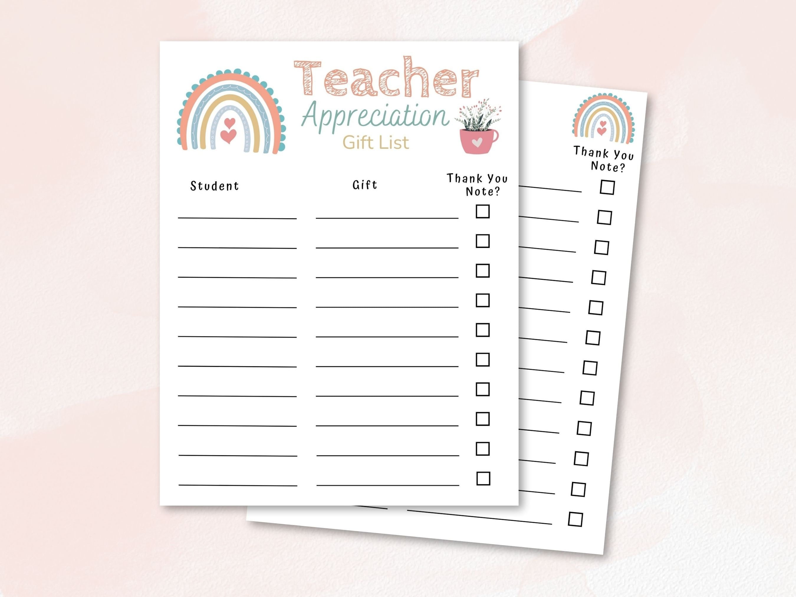 Teacher Appreciation Gift Tracker, Printable Gift List, Thank You Note ...