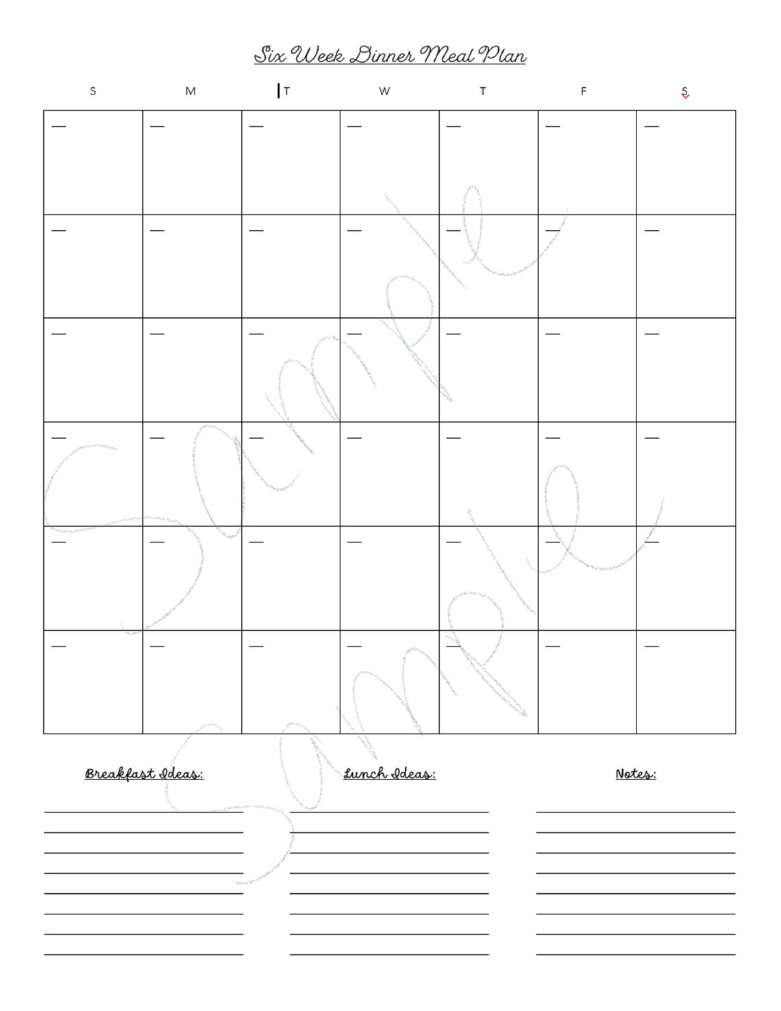 Six Week Meal Plan Template (week Begins With Sunday) - Etsy