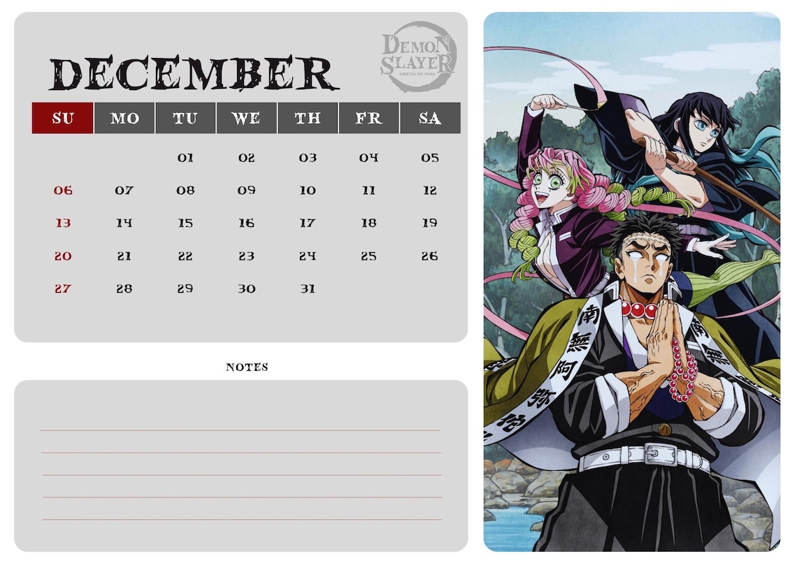 2026 Anime Calendar Demon Slayer V.1 Printable PDF and Editable ...