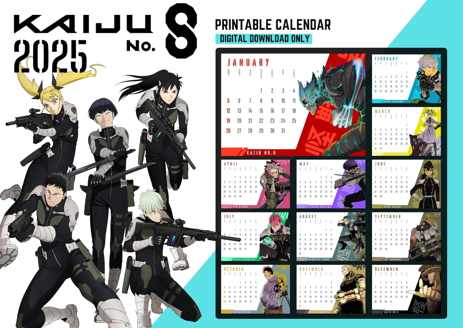 Anime Calendar 2025 Kaiju No.8 Digital,printable PDF & Editable ...